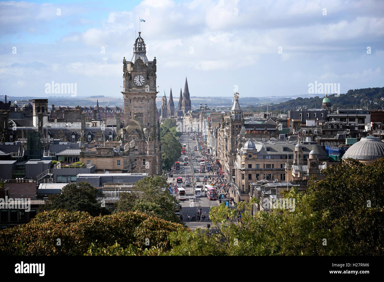 General view of Princes Street and the Balmoral Clock in Edinburgh city ...