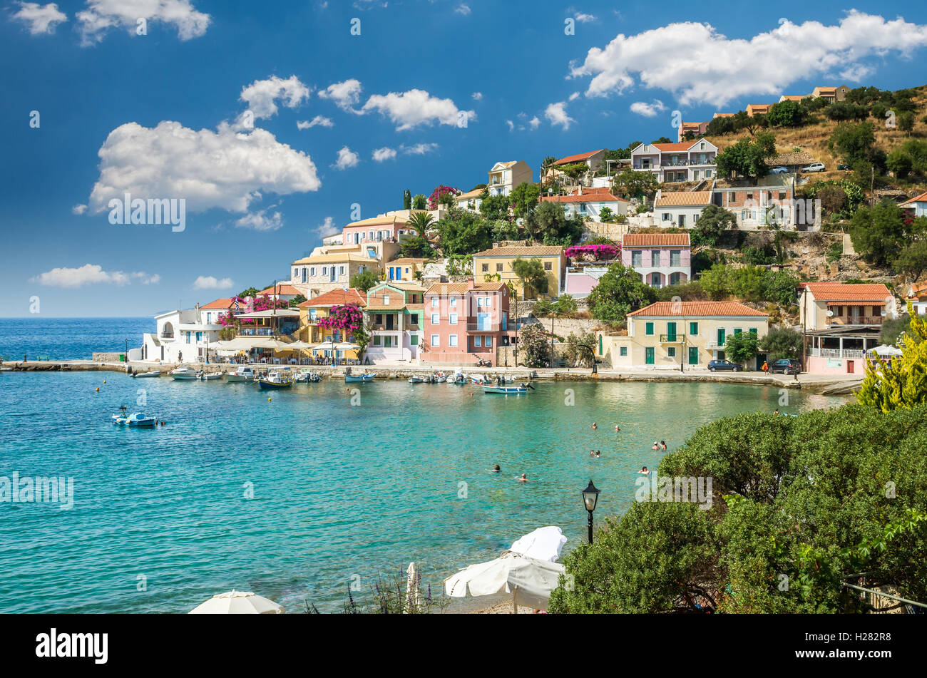 Assos town on Kefalonia Island, Greece. View over the beautiful bay of ...