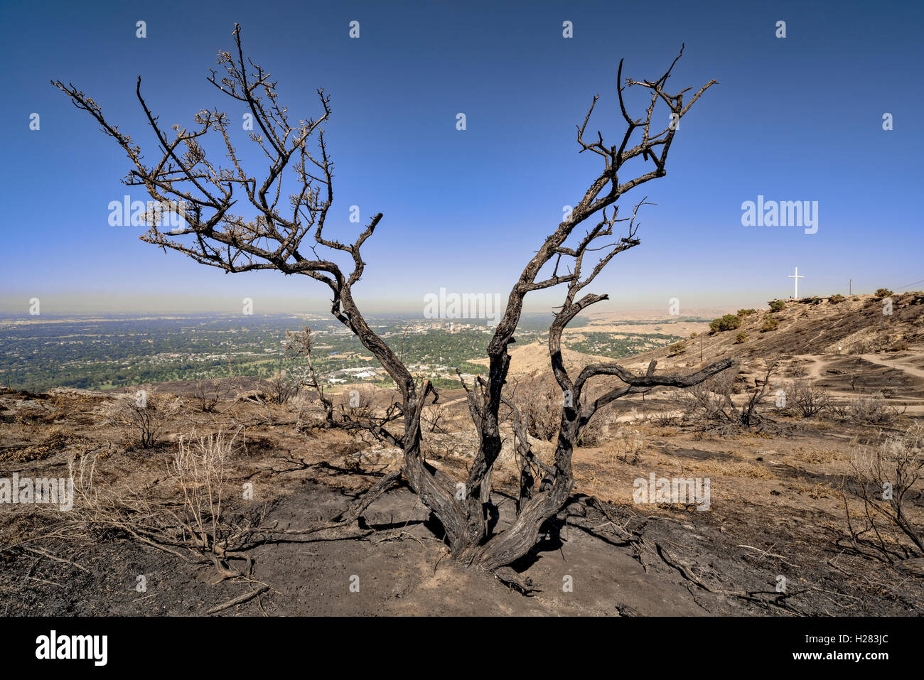 Iconic Table Rock and fire burnt foot hills over Boise Idaho Stock ...