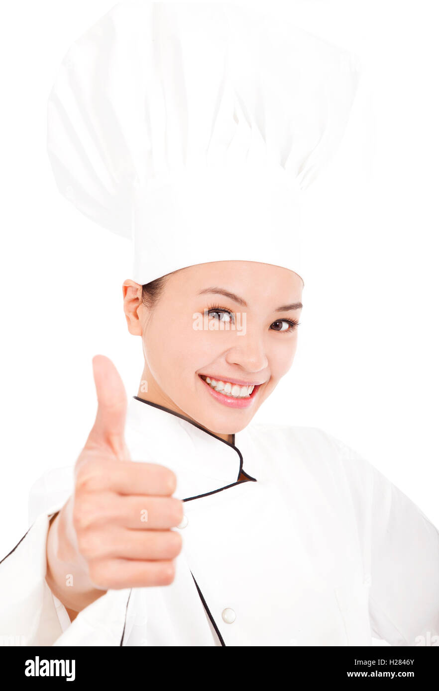 smiling female chef, cook or baker showing thumbs up Stock Photo - Alamy