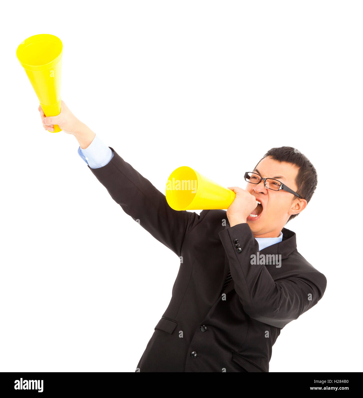 asian businessman encouraging with cheering megaphone Stock Photo - Alamy