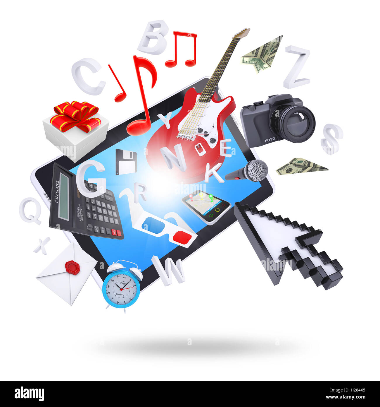 Tablet pc and multimedia objects Stock Photo - Alamy