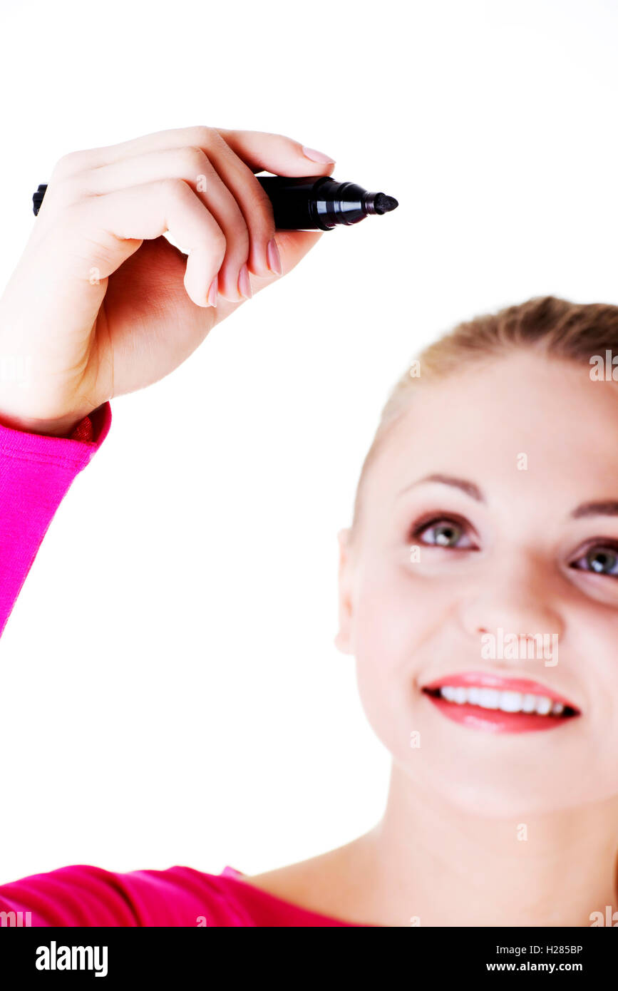 Beautiful caucasian blond woman writing on copy space Stock Photo - Alamy