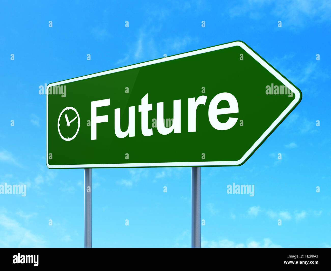 Time concept: Future and Clock on road sign background Stock Photo - Alamy