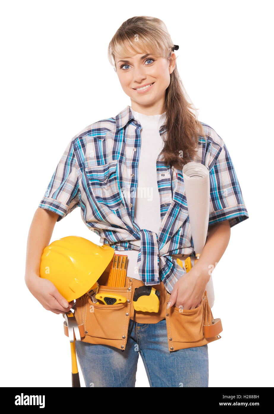 beautiful female construction worker holding hardat and blueprin Stock ...