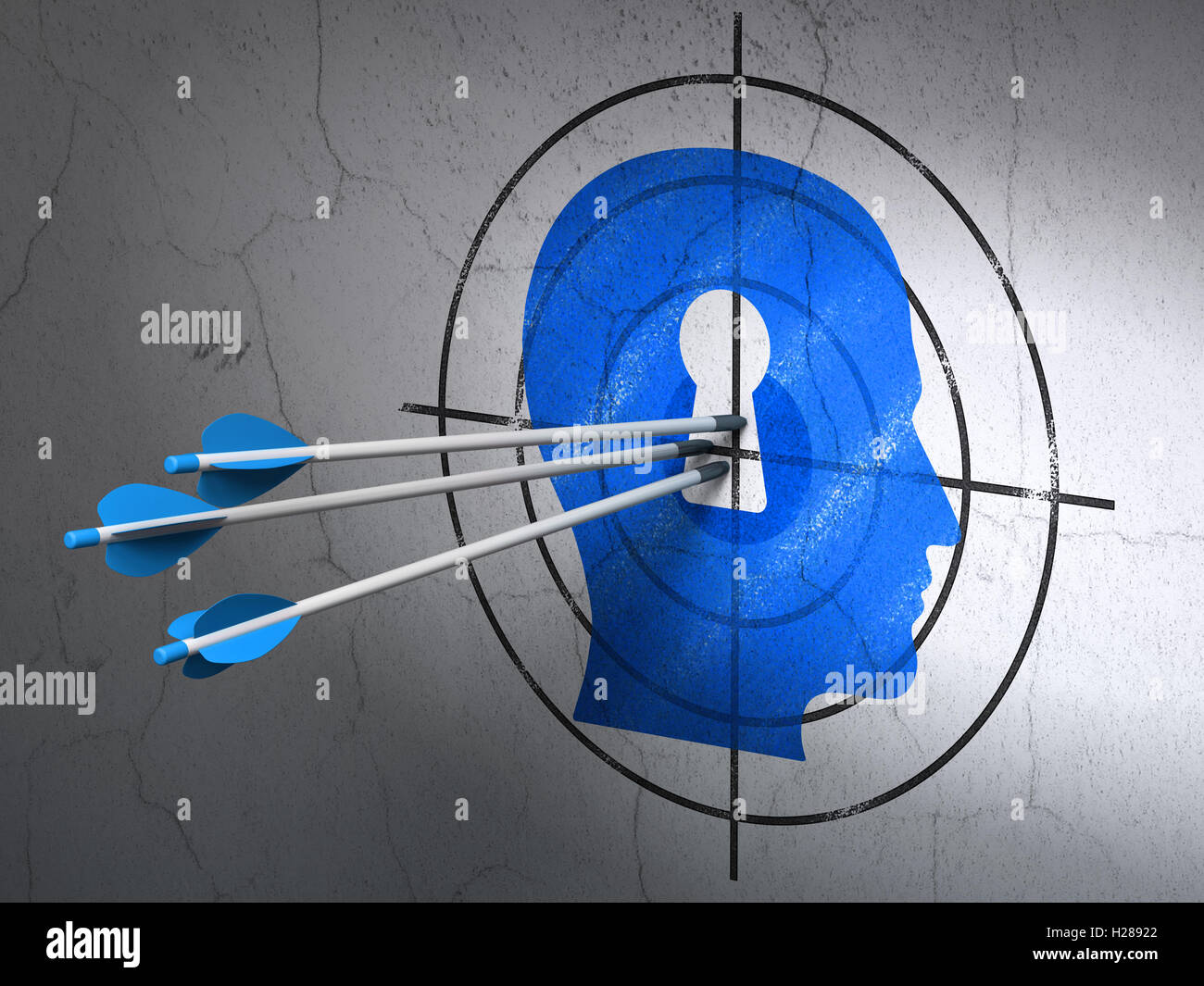 Marketing concept: arrows in Head With Keyhole target on wall ...