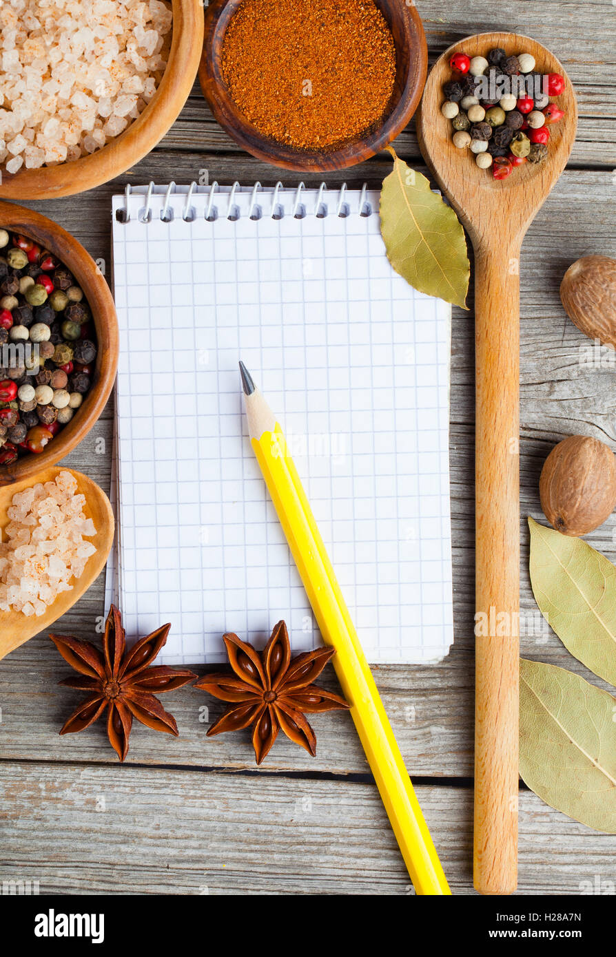 top view of recipe book with ingredients on wooden table Stock Photo ...