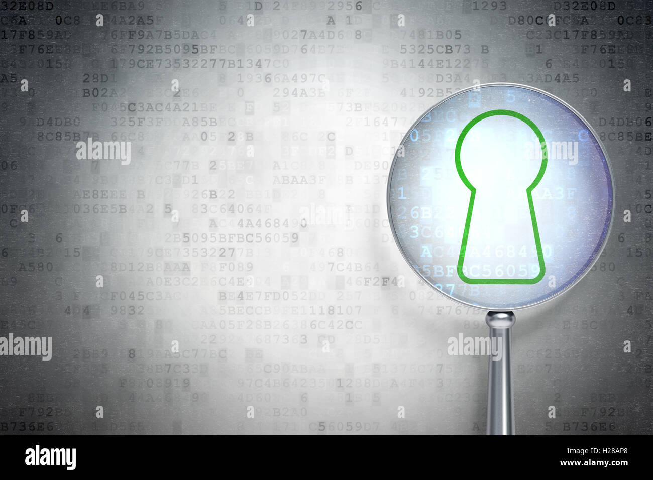 Protection concept: Keyhole with optical glass on digital background ...