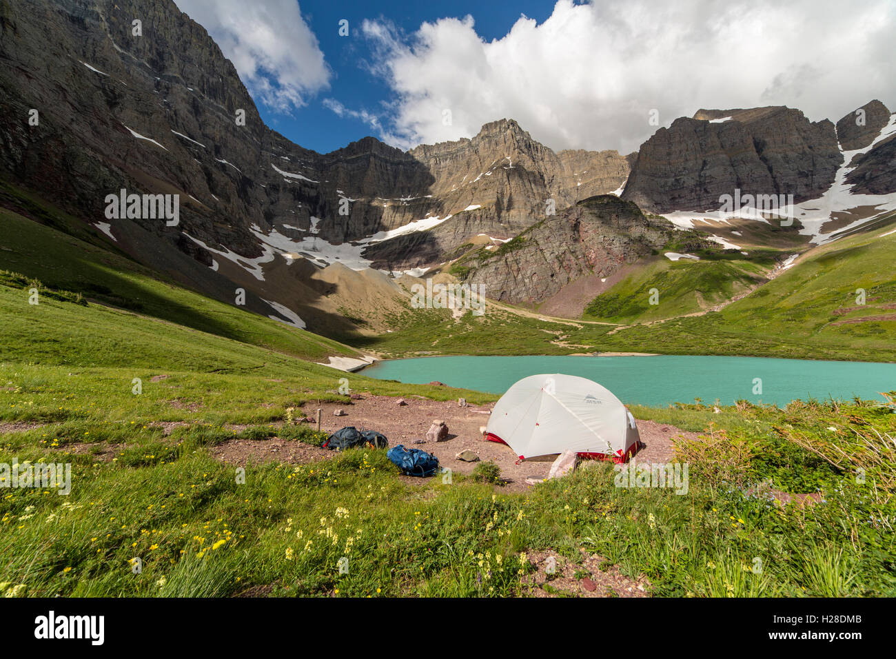 Camping at Cracker Lake campground at Siyeh Glacier at Glacier National ...