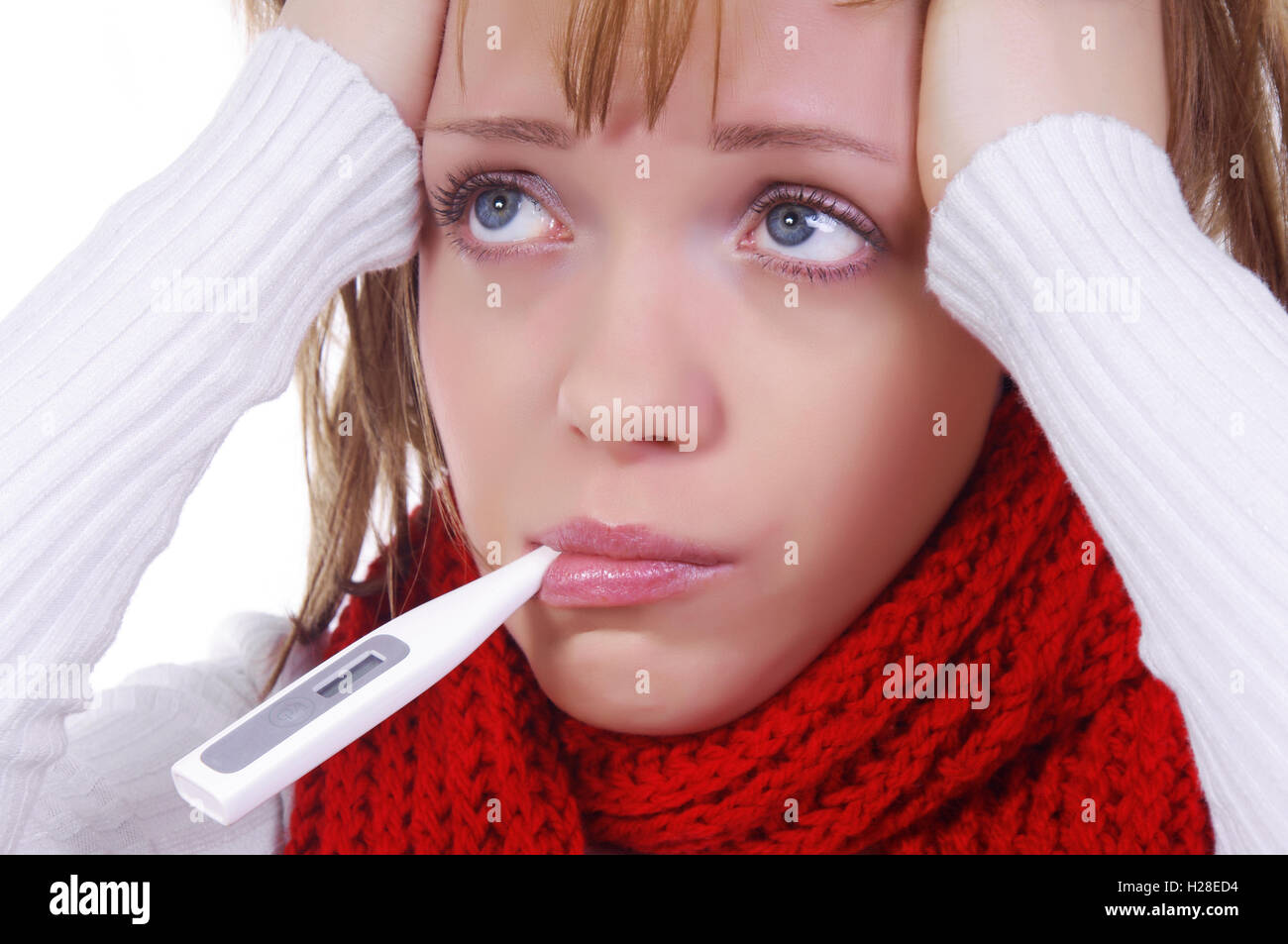 sick woman with warm clothes and thermometer Stock Photo - Alamy