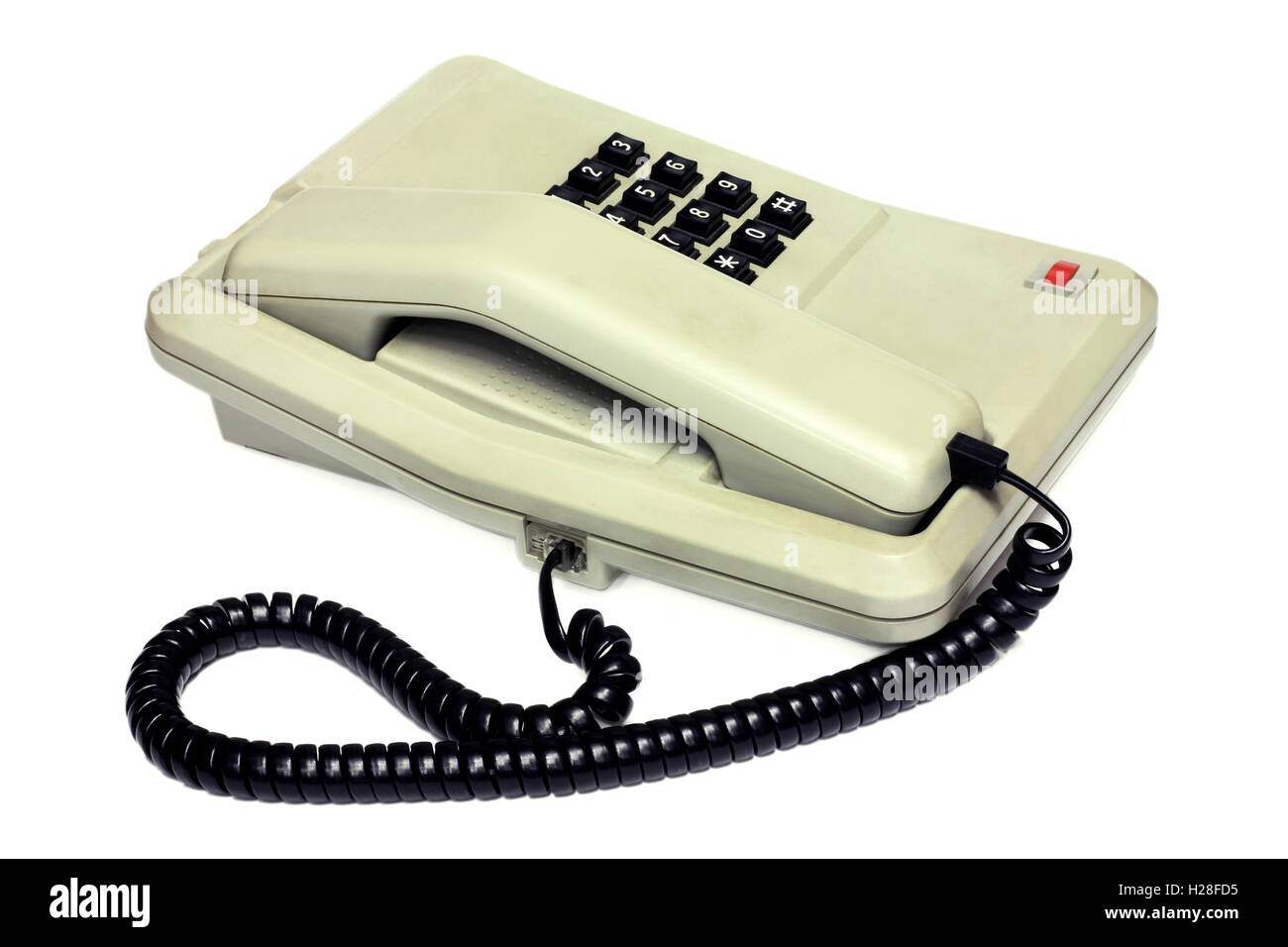 Old simple office desk phone and cable perspective isolated on white ...