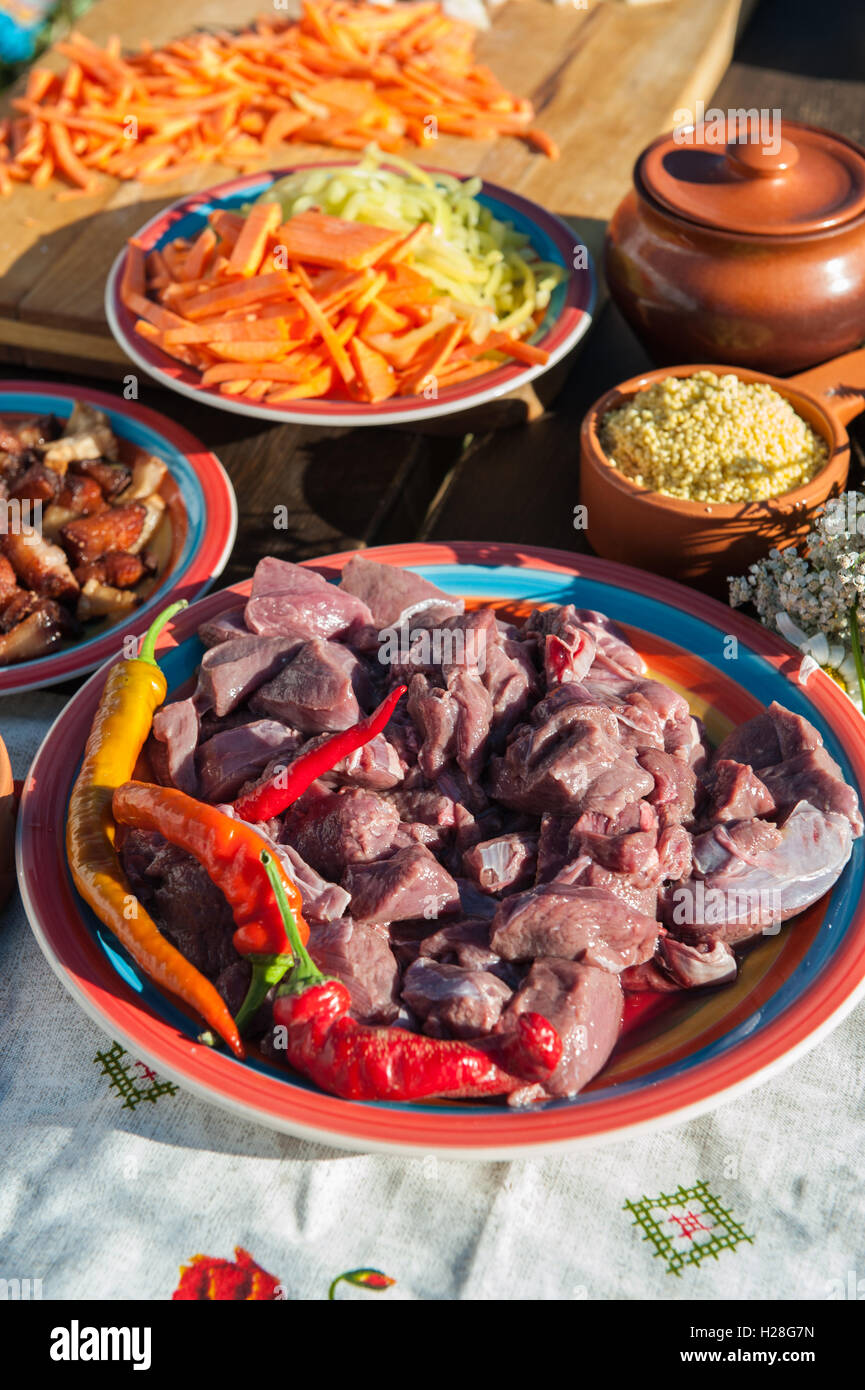 Russian table with raw meat Stock Photo - Alamy