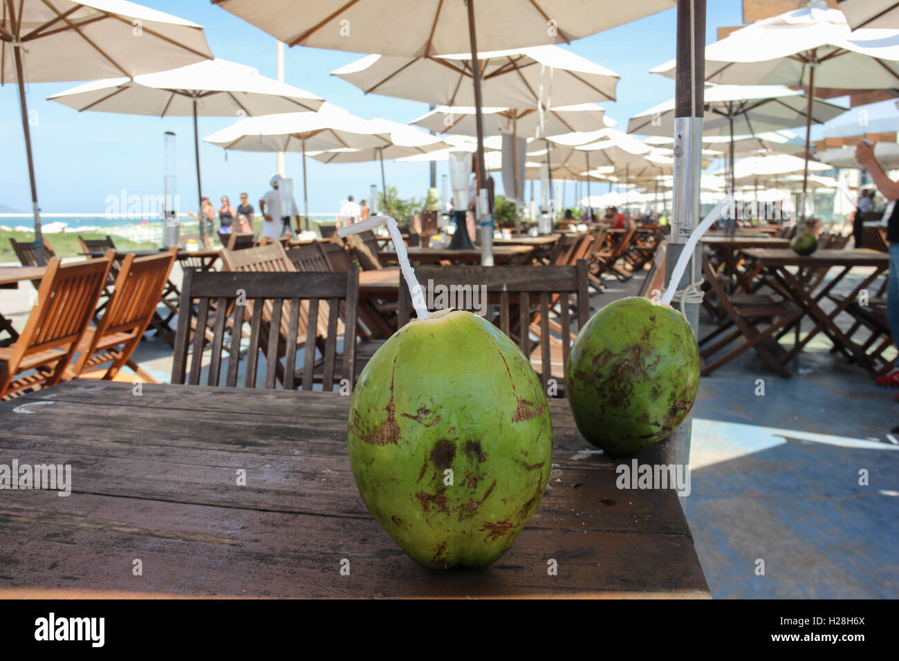 Coconut with straw ready to drink coconut water at beach restaurant ...