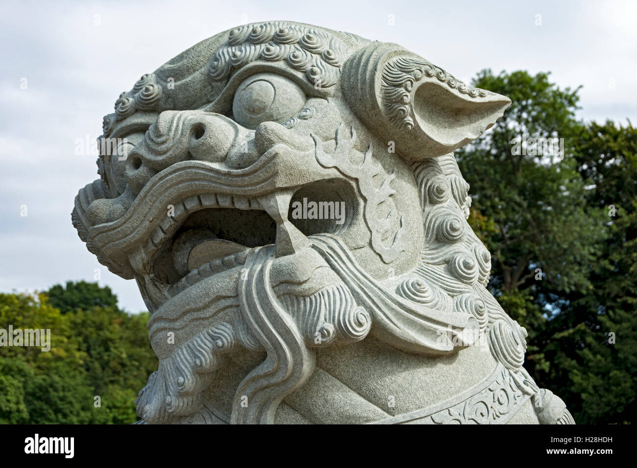 Chinese stone lion sculpture, one of two gifted by the city of Ningpo ...