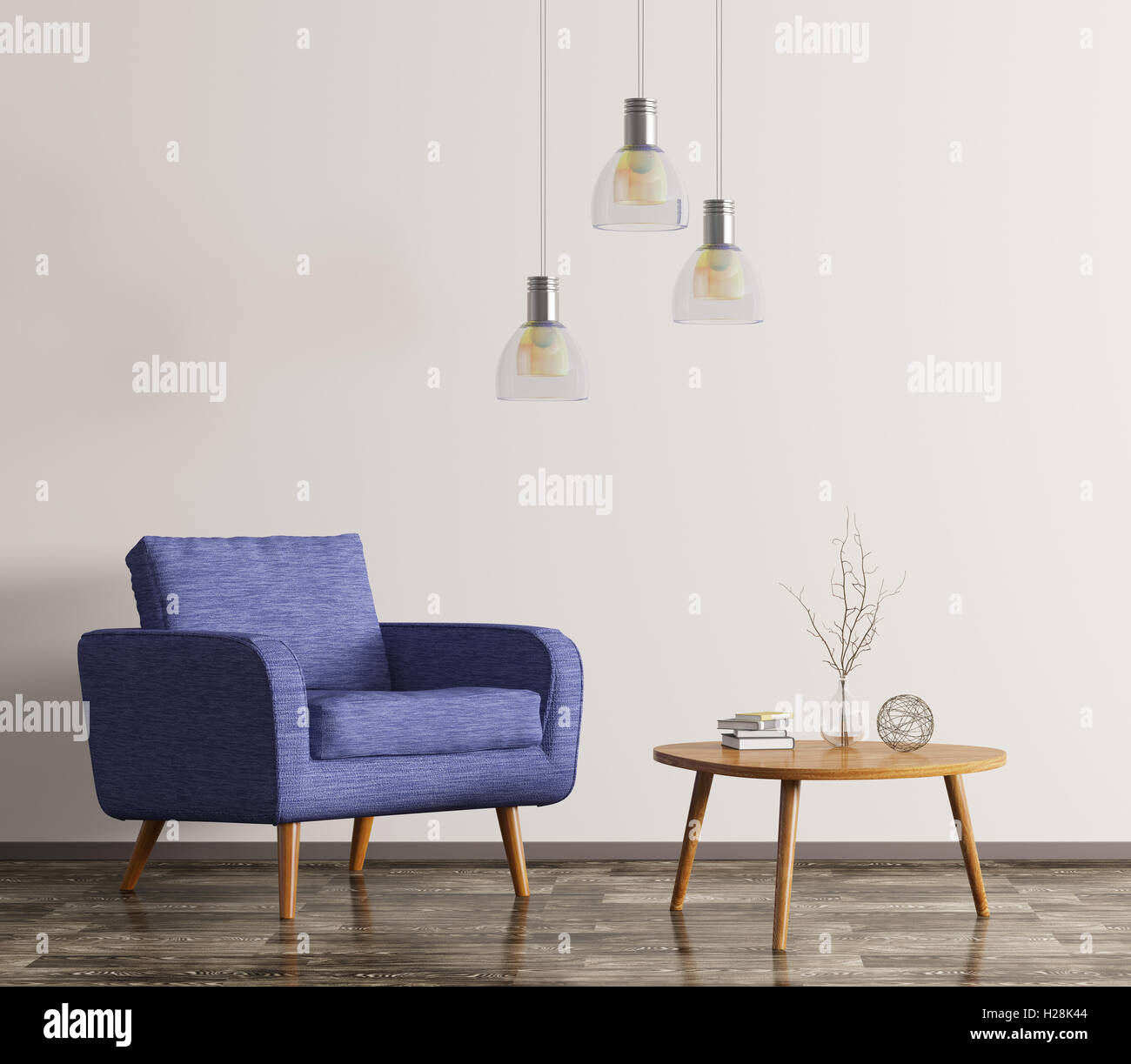 Interior of living room with wooden coffee table and blue armchair 3d ...