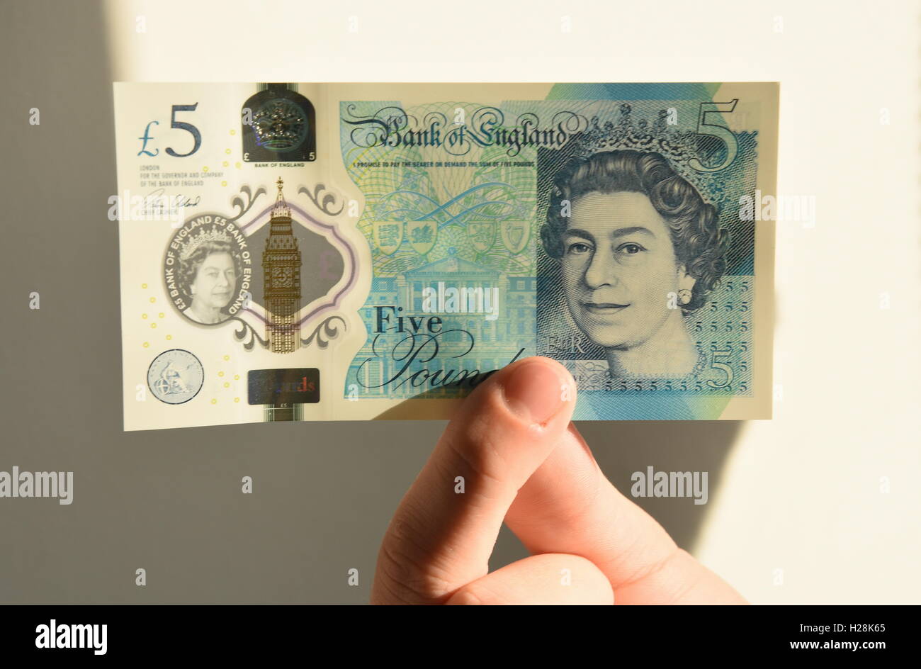 Close up of a teenage boy holding a new polymer UK five pound note ...