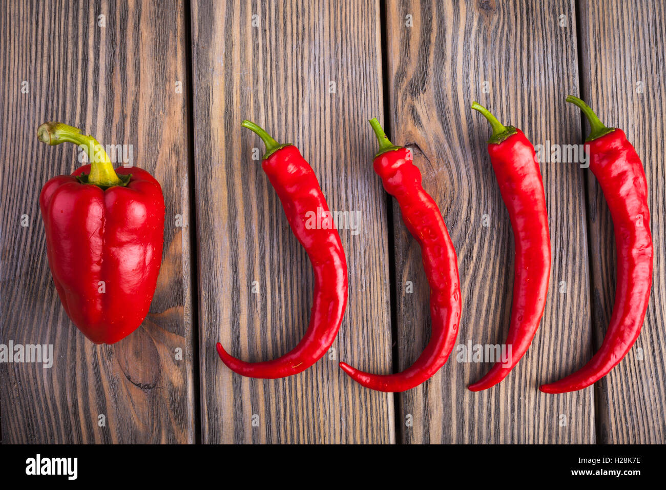 Red hot chili and Bell peppers on wood background Stock Photo - Alamy