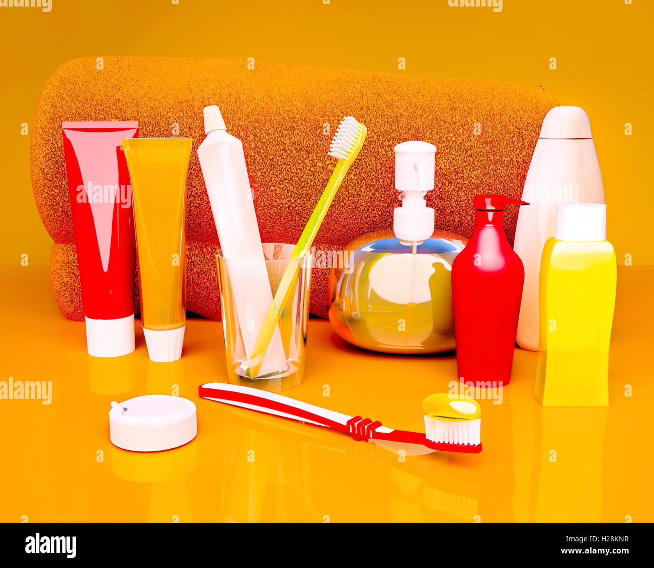 Toothpaste, brush, soap, balm, tooth thread, towel on an orange ...