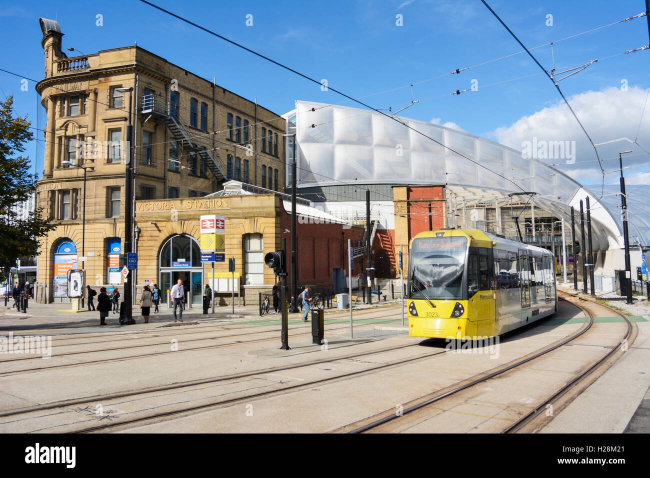 Metro tram lines entering Victoria Station in Manchester, England Stock ...