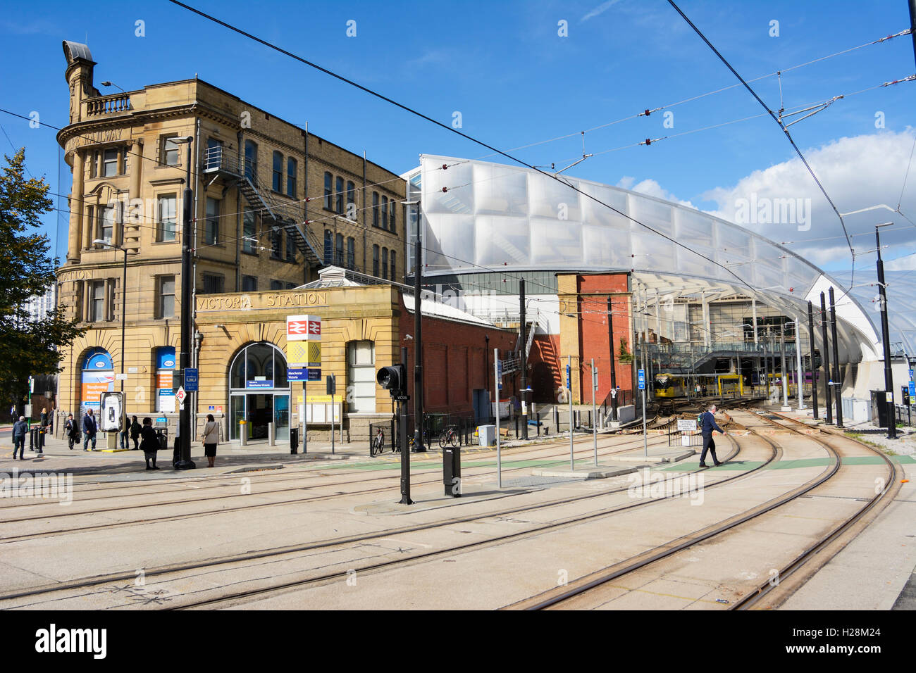 Metro tram lines entering Victoria Station in Manchester, England Stock ...