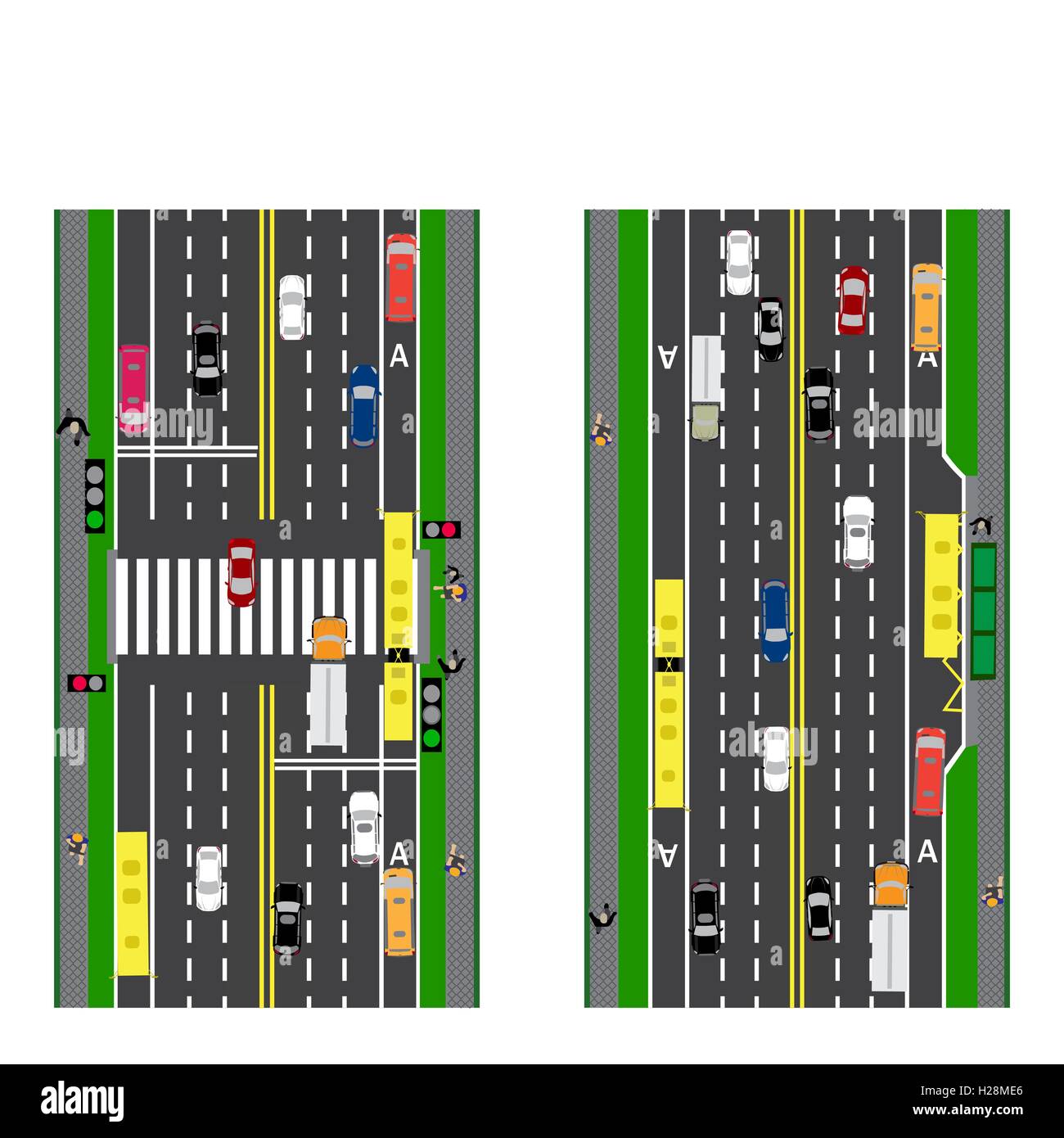Road infographics. Plot road, highway, street. Intersection. With different cars. Green traffic ...