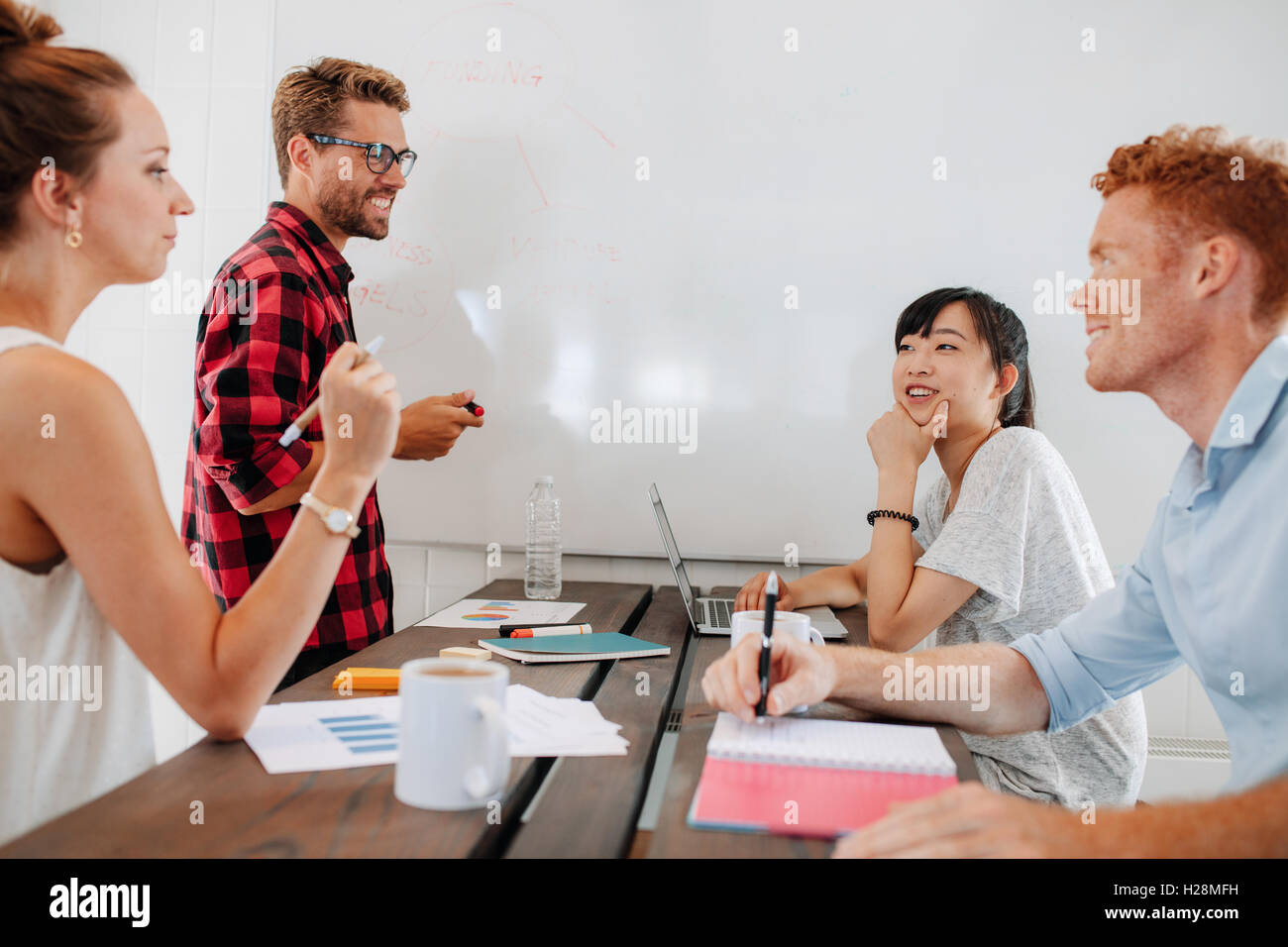 Group of young people sitting around conference table with male ...