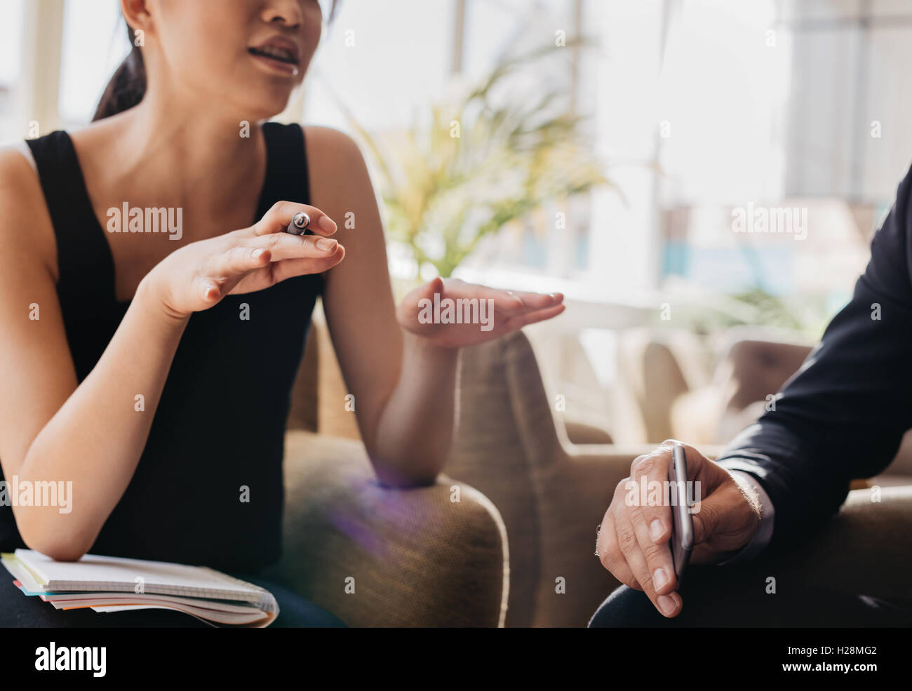 Cropped shot of young woman explaining business idea to businessman ...