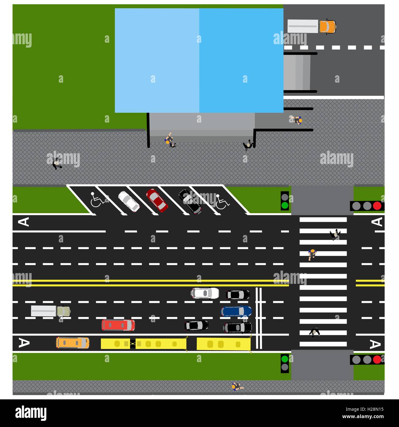 Plot road, highway, street, with the store. With different cars ...
