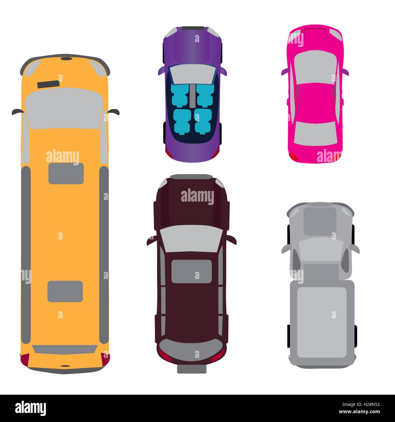 A set of five cars. Coupe, convertible, SUV, passenger van, minivan ...