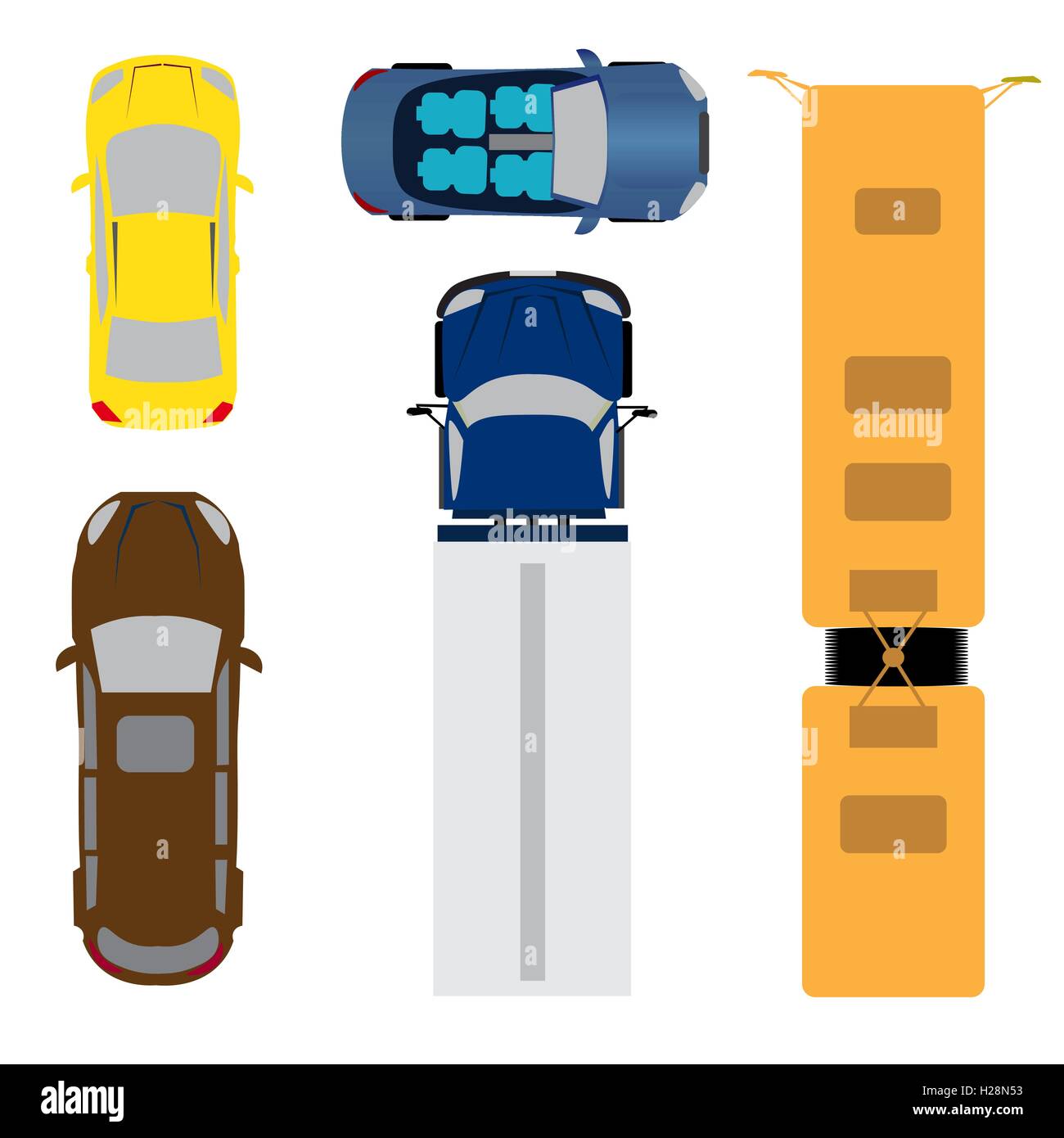 A set of five cars. Coupe, convertible, station wagon, cargo van, bus ...