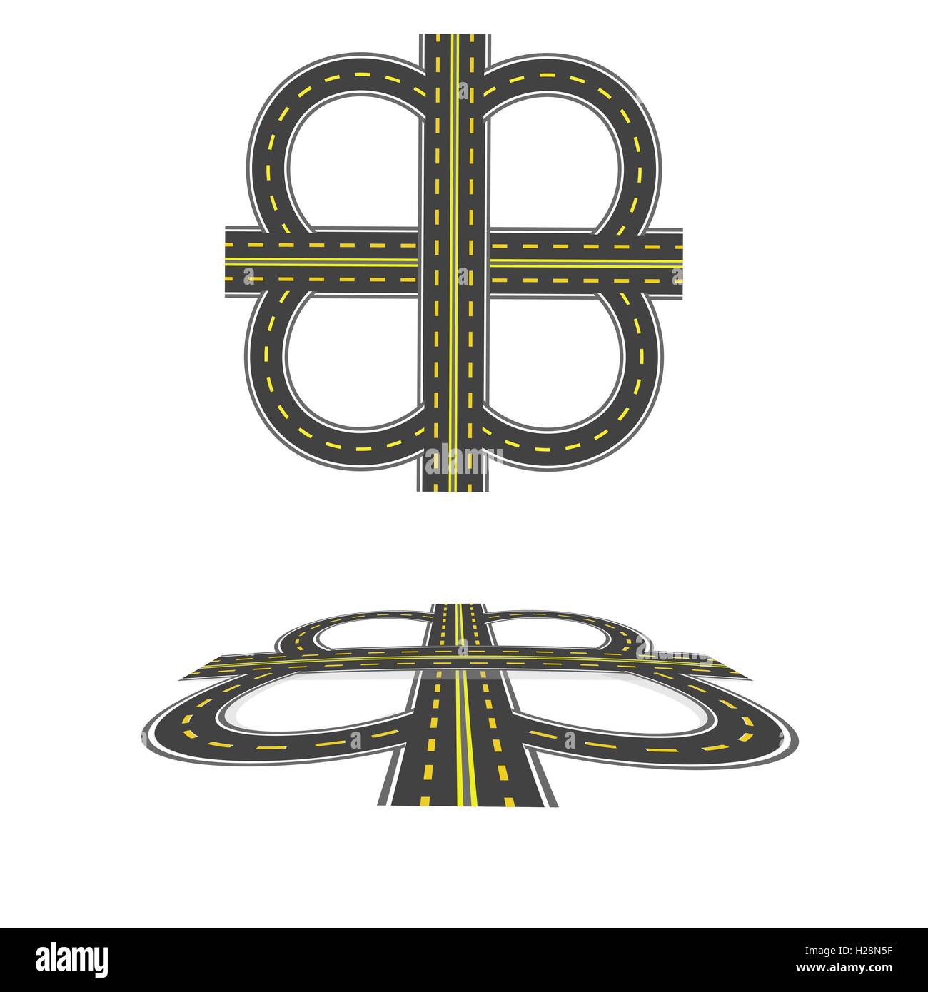 Set the transport interchange. Highway with yellow markings. Top view ...