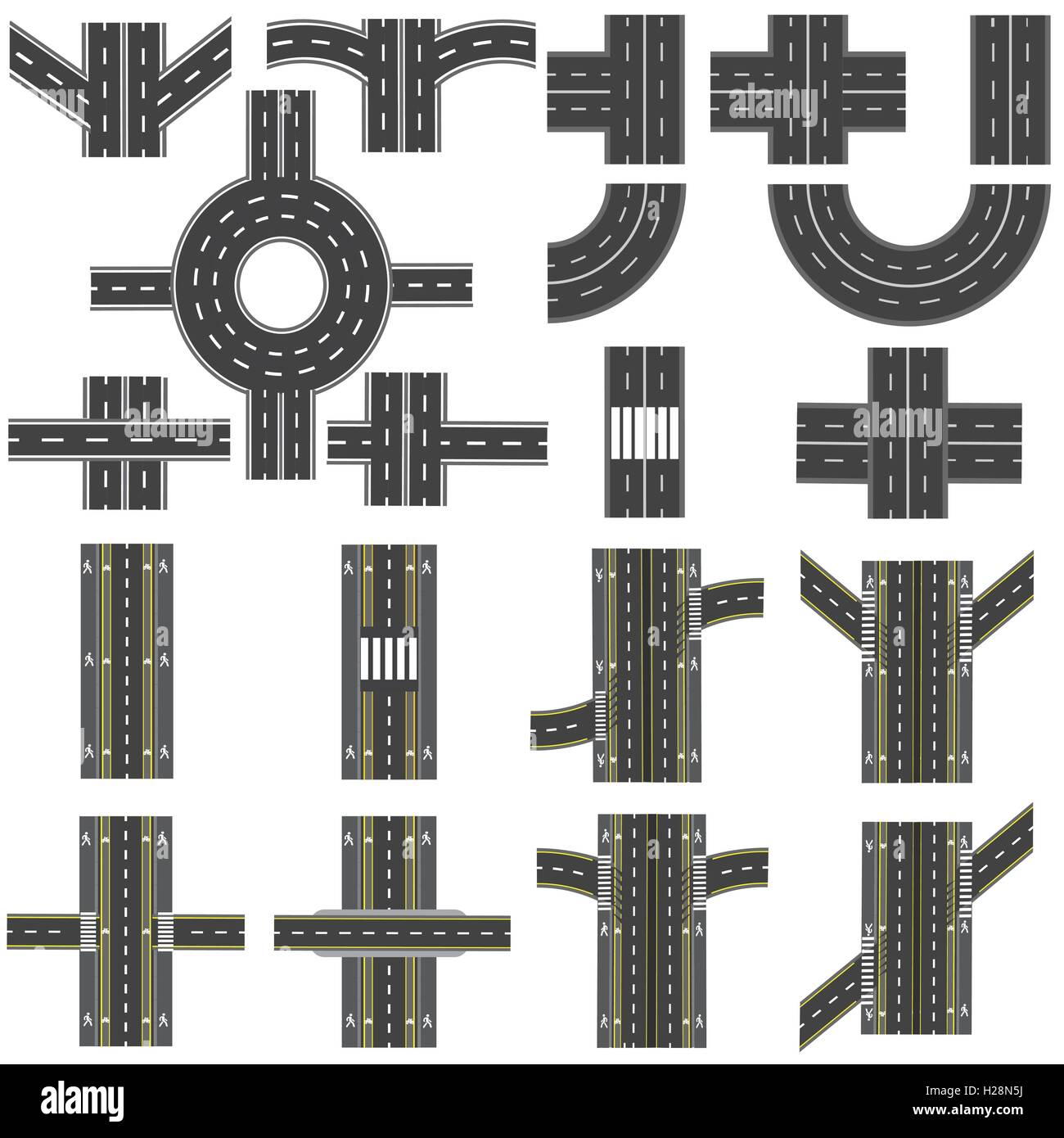 Set of different sections of the road with roundabouts, junctions ...