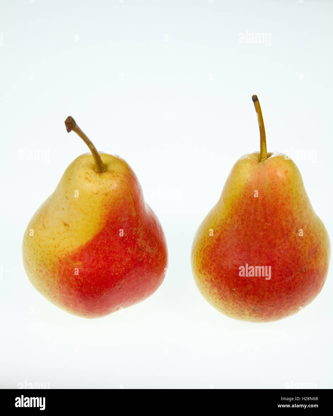 Two ripe yellow and red pears on a white background Stock Photo - Alamy