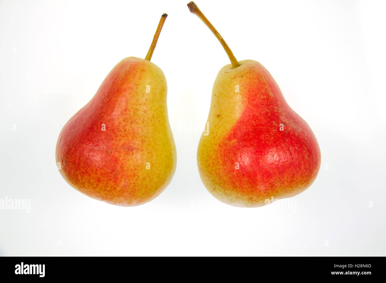 Two ripe yellow and red pears on a white background Stock Photo - Alamy