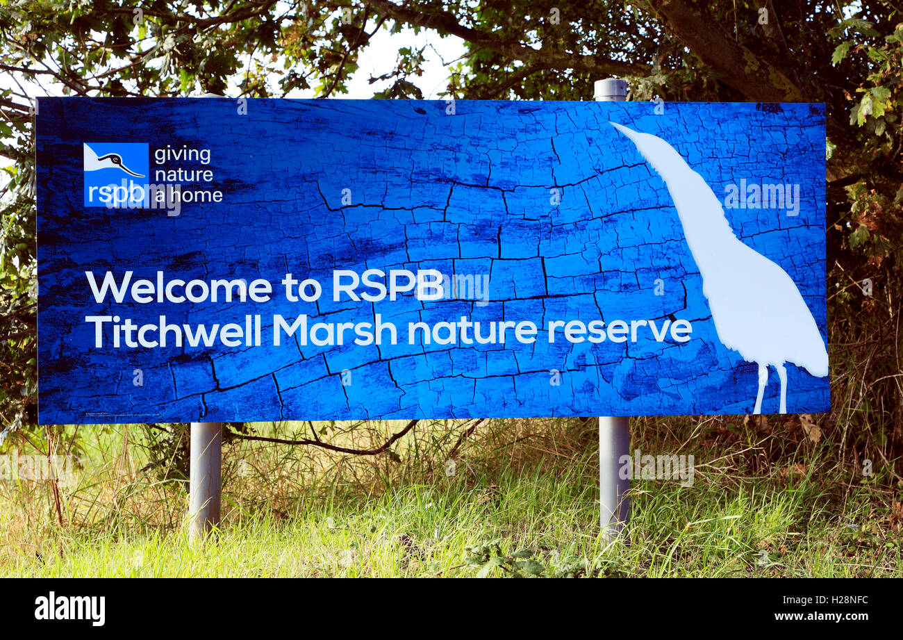 RSPB Titchwell Marsh nature reserve, entrance sign, Norfolk England UK ...
