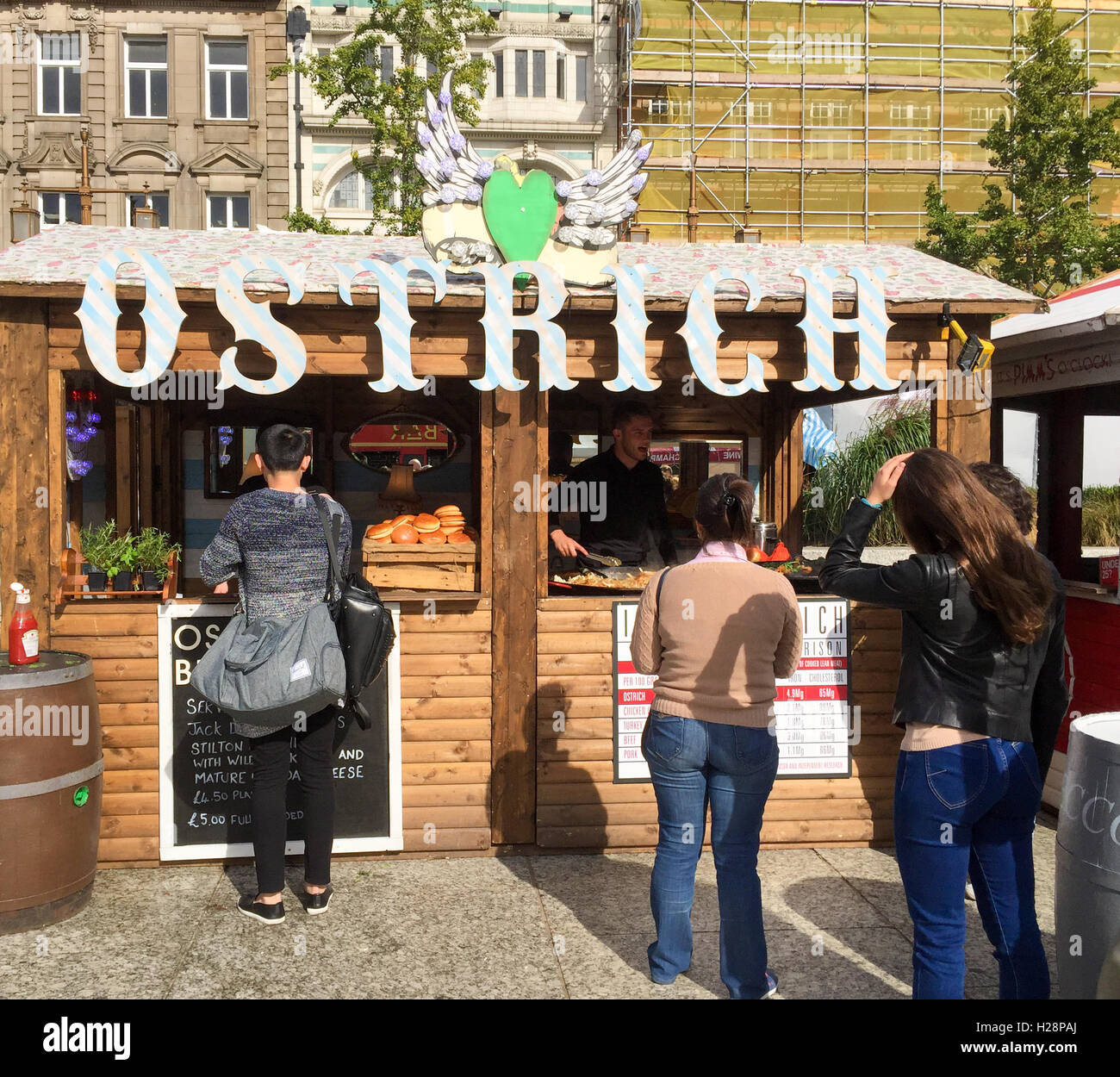 Market stall selling ostrich burgers in Market Square, Nottingham City ...