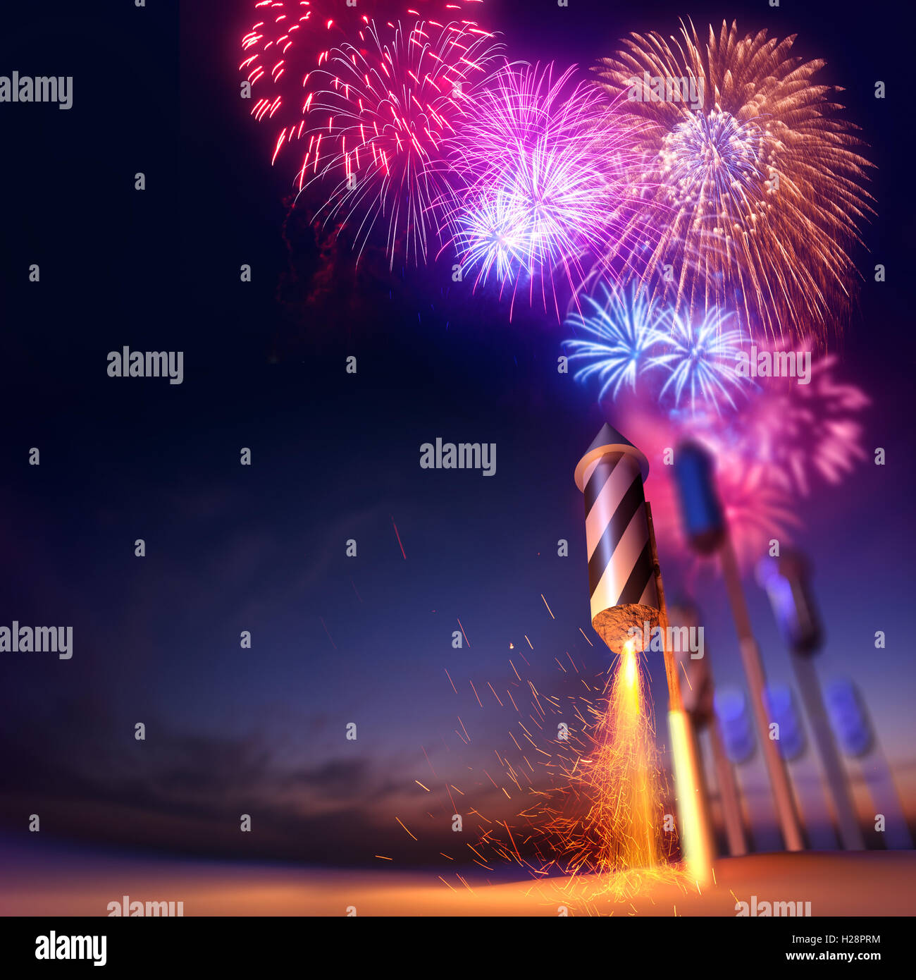 Dramatic low angle of a lit firework rocket fuse about to launch ...