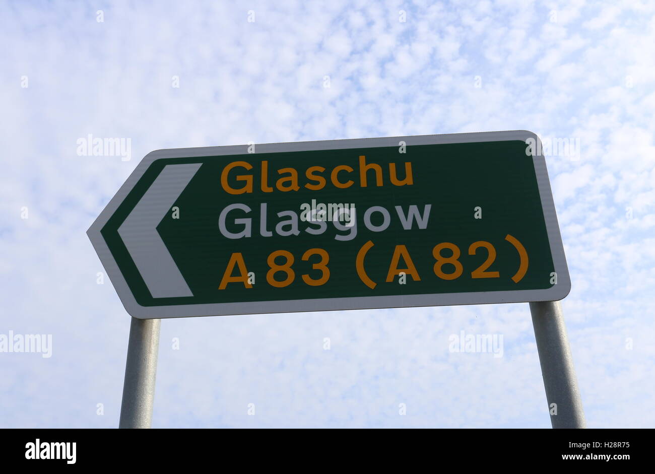 Bilingual road sign for Glasgow in Inveraray Scotland September 2016 ...