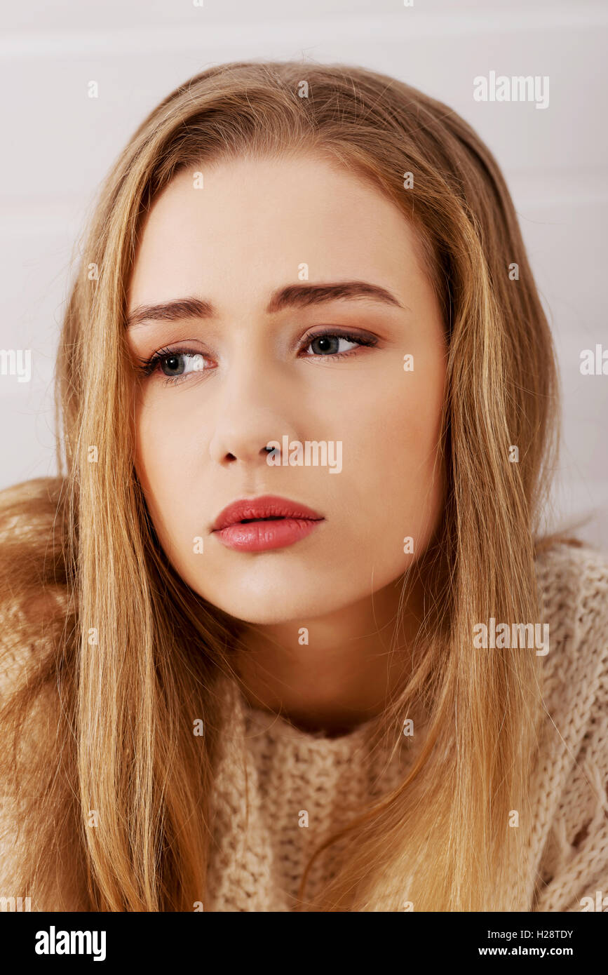 Portraif of beautiful sad, worried caucasian woman Stock Photo - Alamy