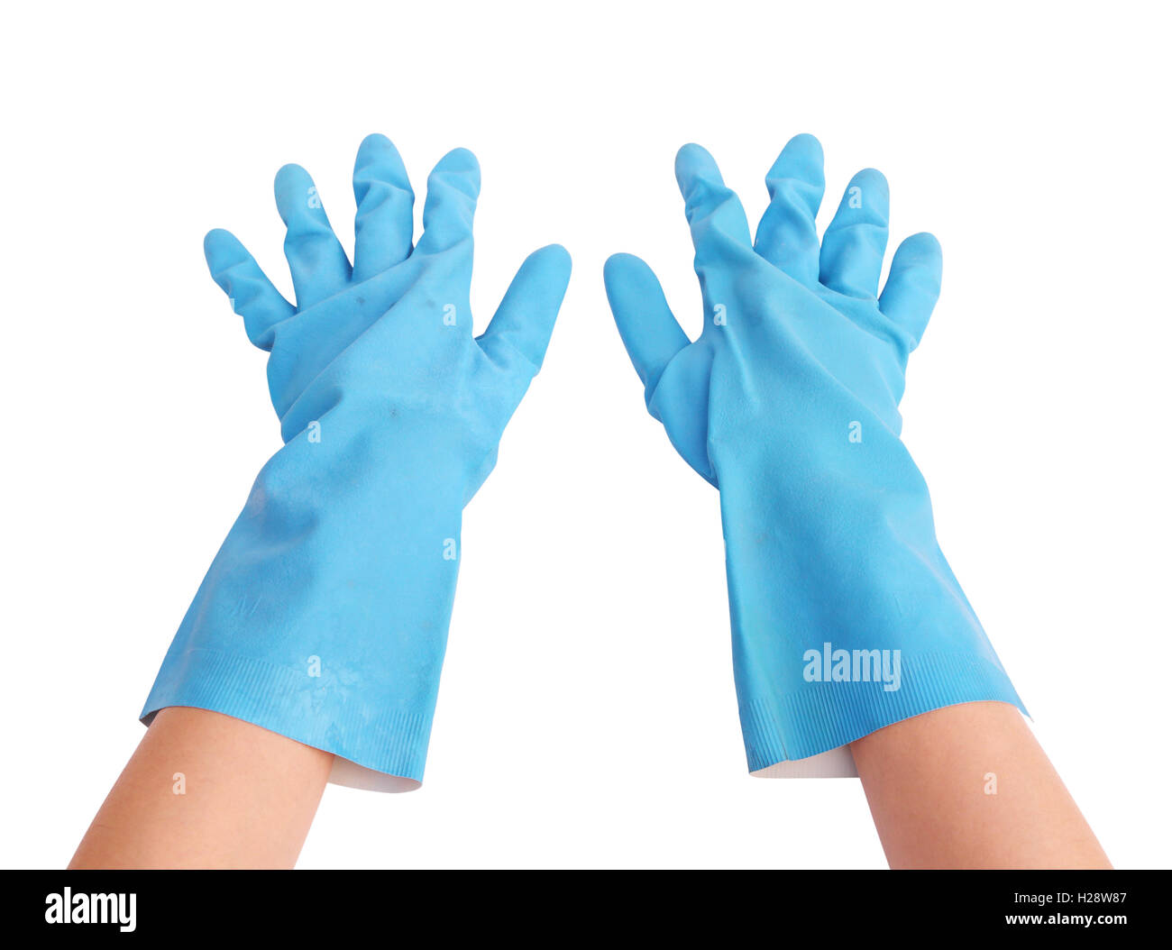 gloves for cleaning with hand on white background Stock Photo - Alamy