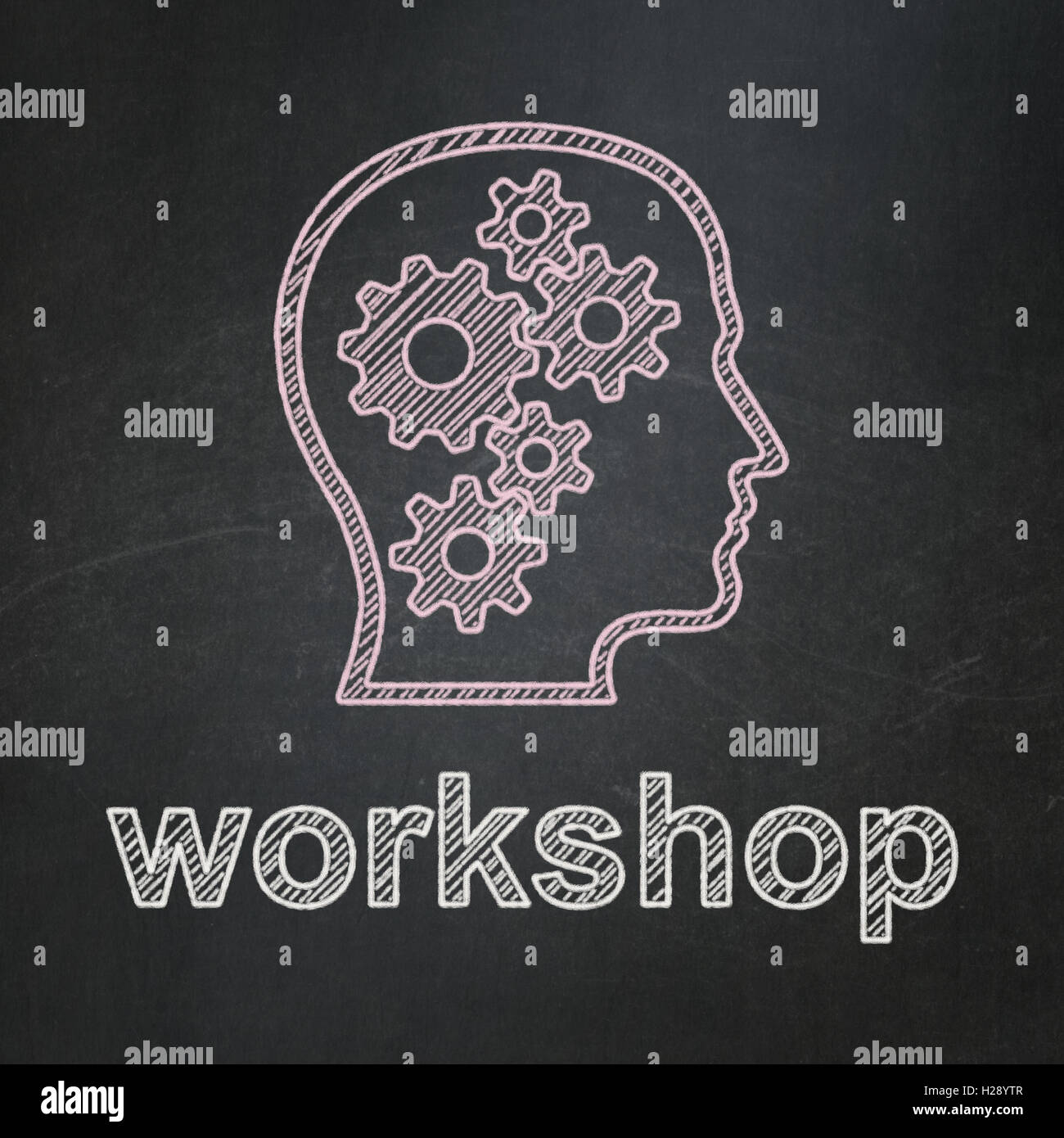 Education concept: Head With Gears and Workshop on chalkboard ...