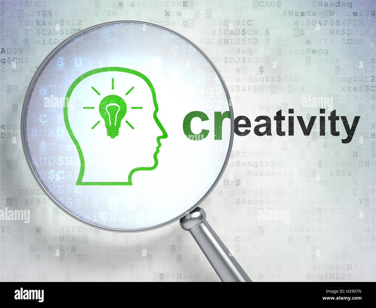 Advertising concept: Head With Lightbulb and Creativity with optical ...