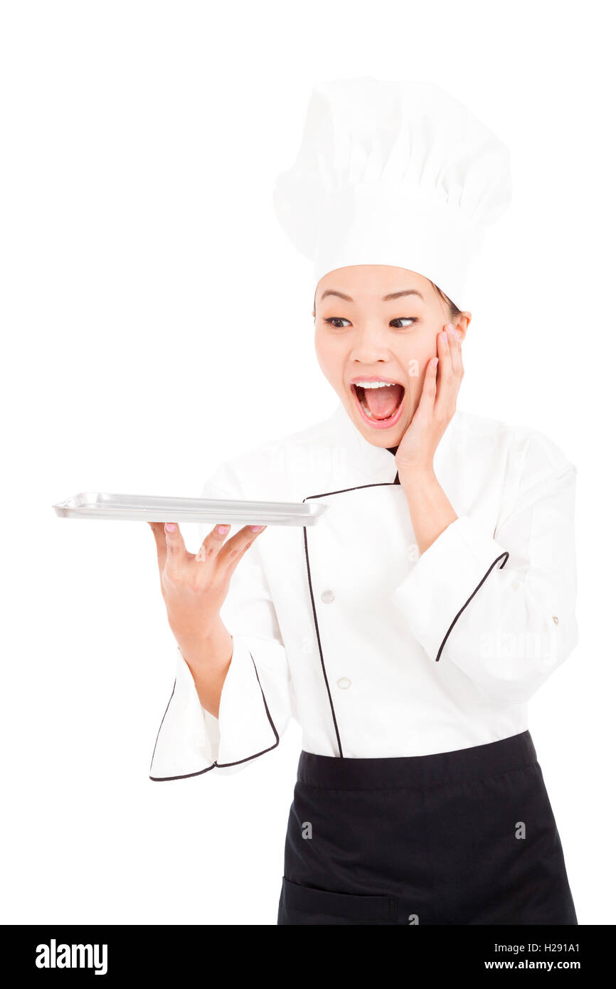 unbelievable asian woman chef holding tray Stock Photo - Alamy