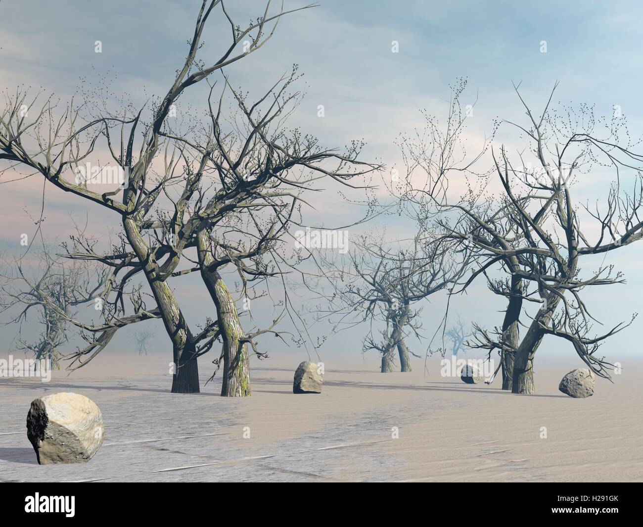 Dead trees in the desert - 3D render Stock Photo - Alamy
