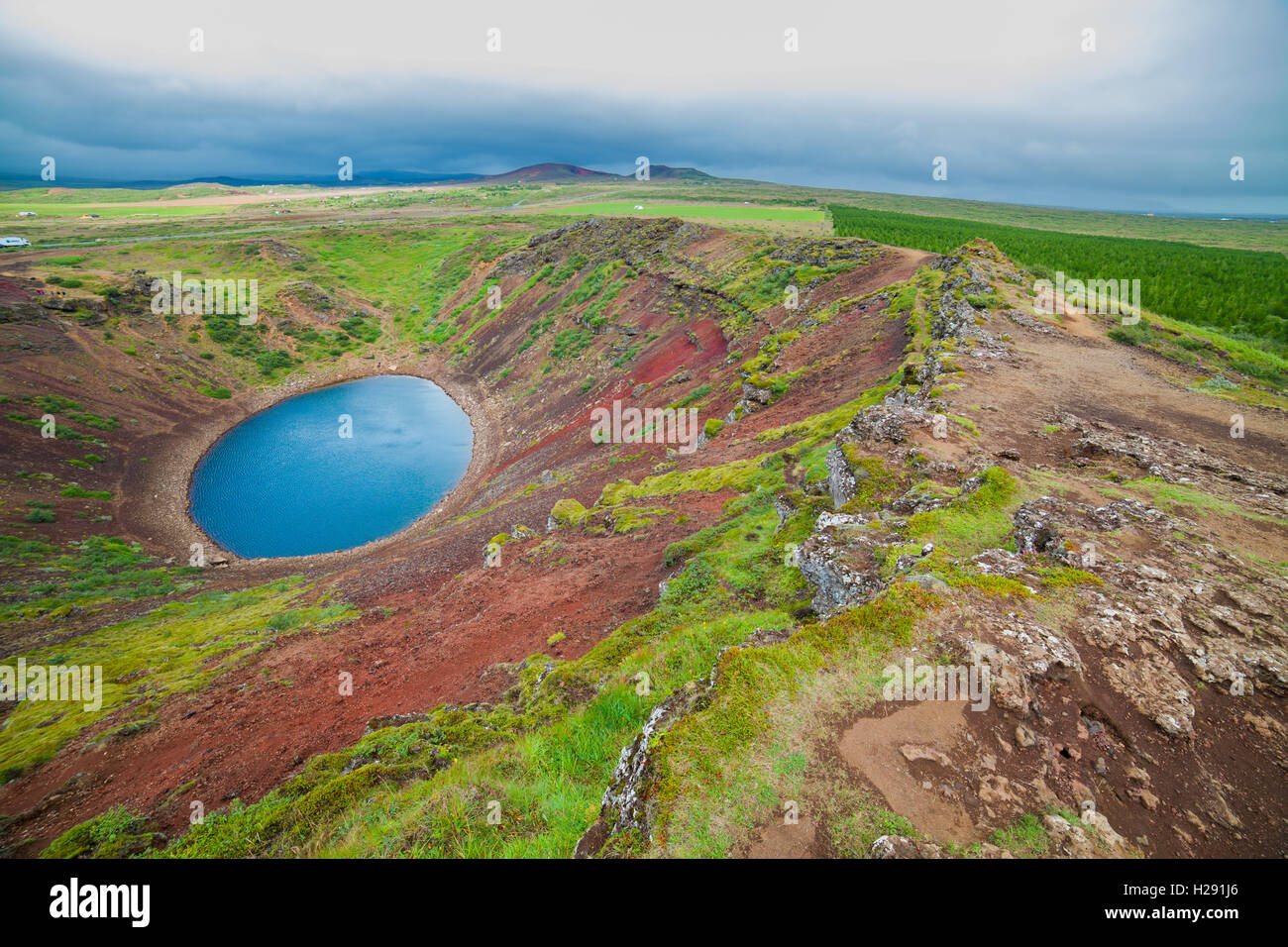 Lake in round volcano crater Stock Photo - Alamy