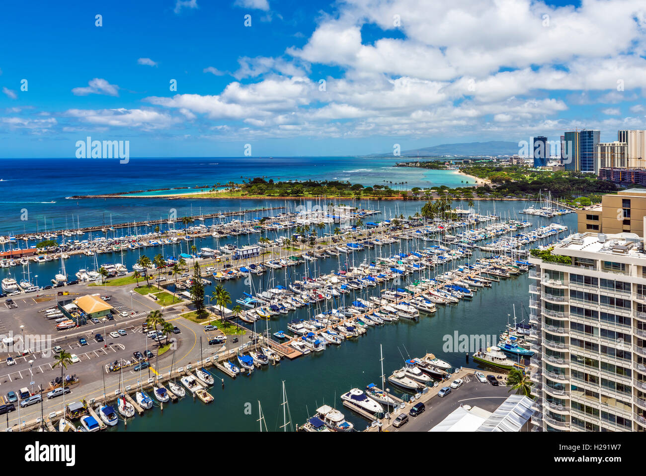 Top view of Ala Wai Boat Harbor and Magic Island in Honolulu, Oahu ...