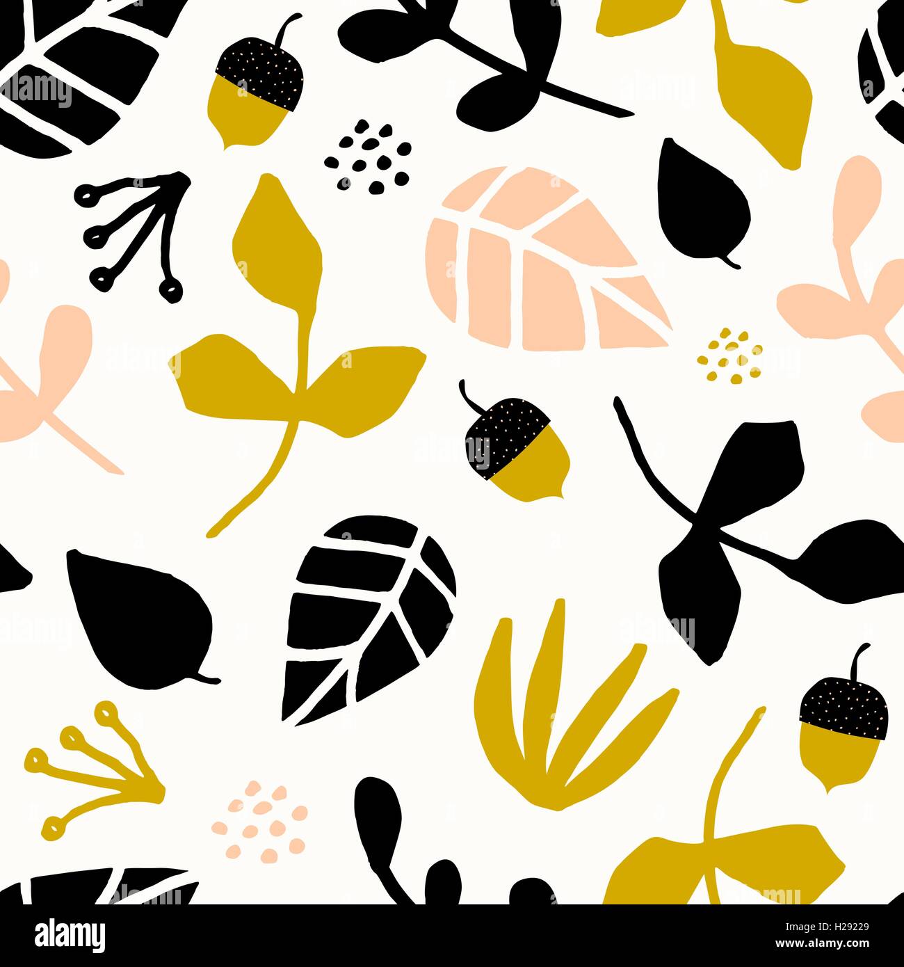 Seamless repeating pattern with leaves, acorns and branches on cream ...
