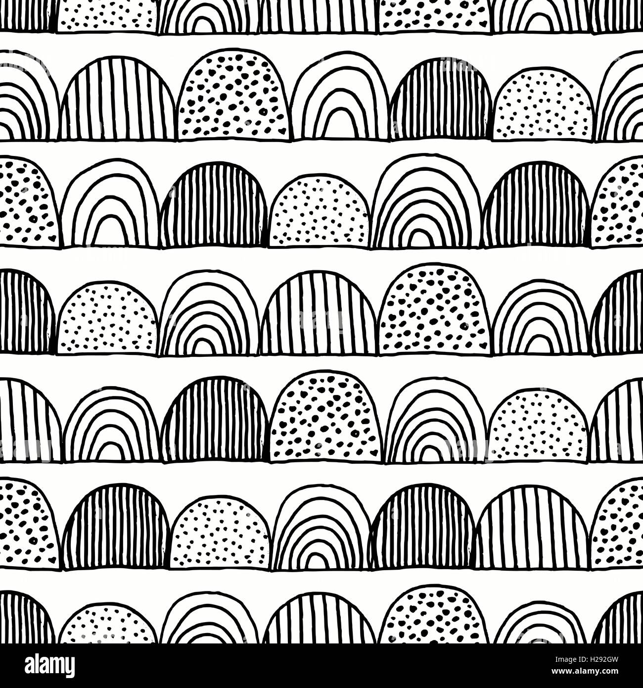Hand drawn doodles seamless repeating pattern in black and white Stock ...