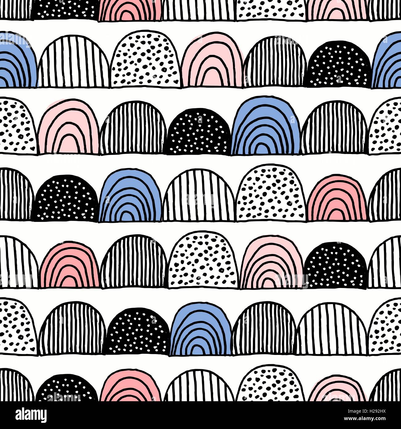 Hand drawn doodles seamless repeating pattern in black, blue, pink and ...
