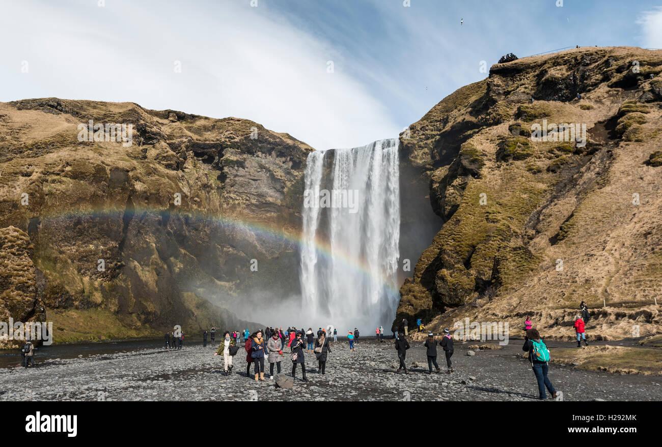 Skógafoss waterfall, tourists, Skogar, Southern Region, Iceland Stock ...